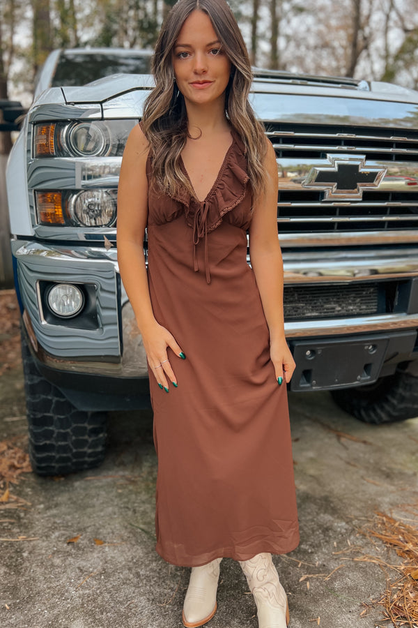 Ruffle Maxi Dress | Brown – The Midwest Cowgirl